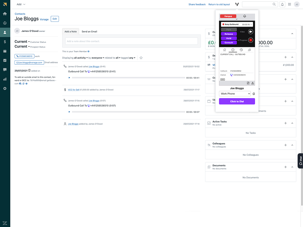 Vonage Contact Center App Integration with Zendesk Sell